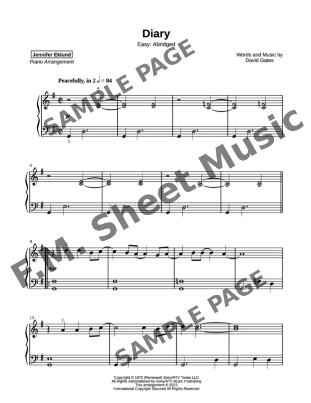 Diary (Easy Piano) By Bread - F.M. Sheet Music - Pop Arrangements by Jennifer Eklund